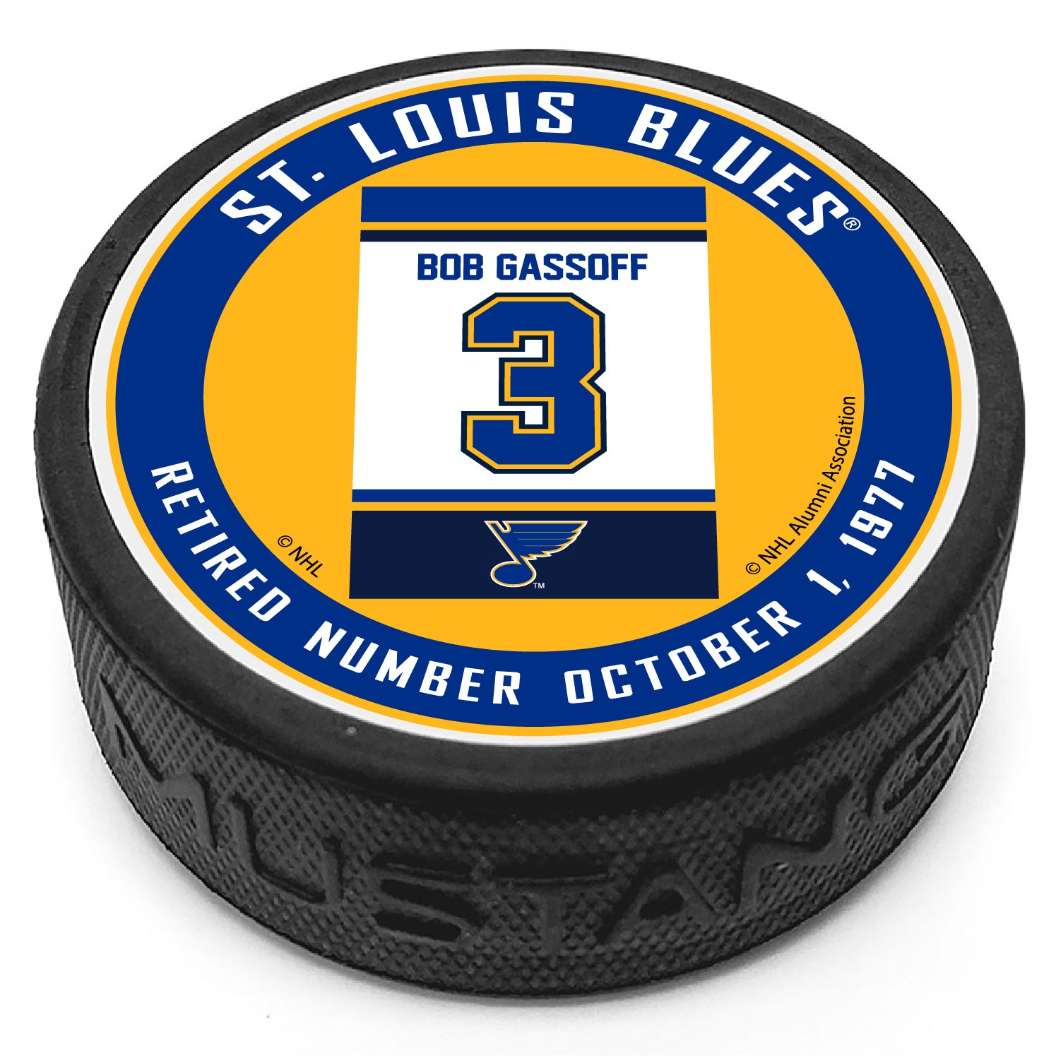 ST. LOUIS BLUES MUSTANG PRODUCTS RAFTER BOB GASSOFF 3 PUCK – STL Authentics